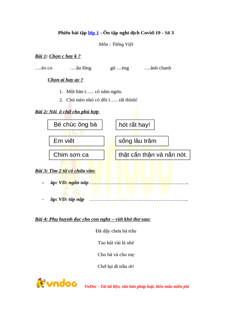 Phieu Bai Tap Lop 1 So 3 | PDF