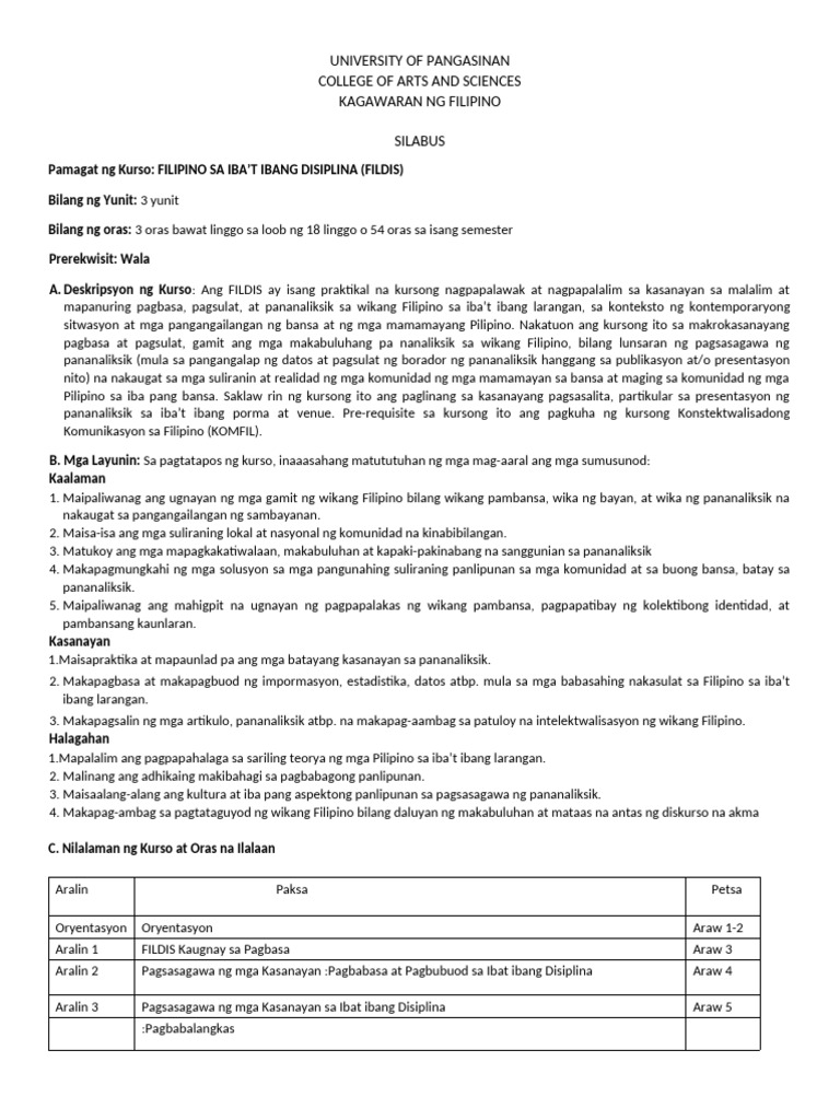 Fil125 Syllabus Fildis | PDF