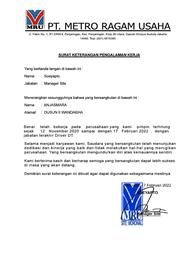 tinywow_PENGALAMAN KERJA DRIVER DT ANJASMARA_11071759 | PDF