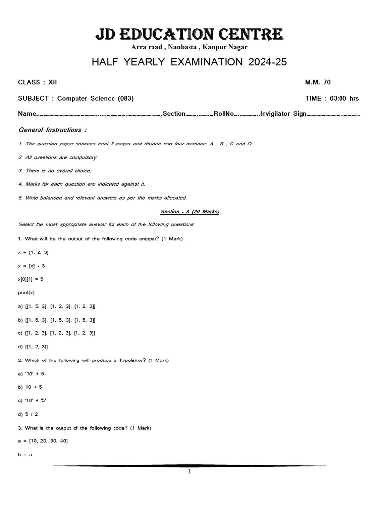 Computer Class 12th Half Yearly | PDF | Computer Programming | Computing