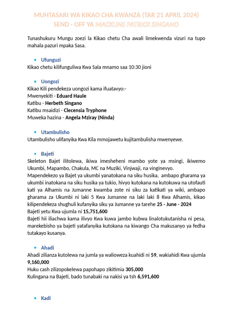 Muhtasari Wa Kikao Cha Kwanza | PDF