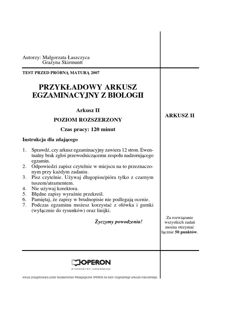 30 Arkusz Biologia Poziom R Rok 2007 OPER III | PDF