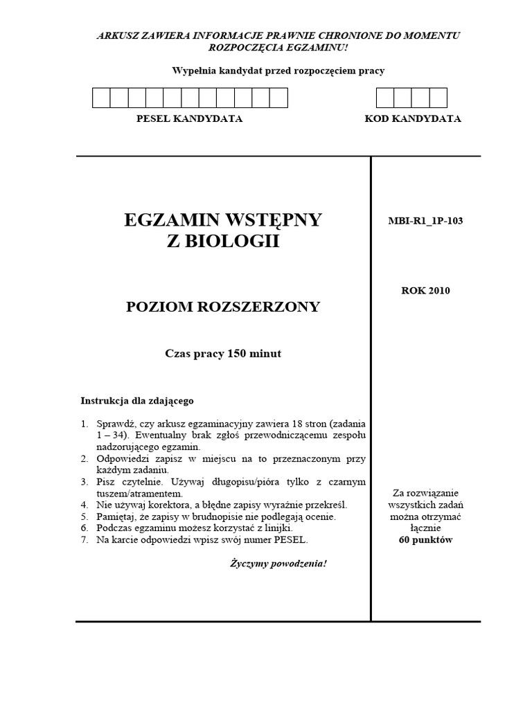 56 Arkusz Biologia Poziom R Rok 2010 CKE VI | PDF