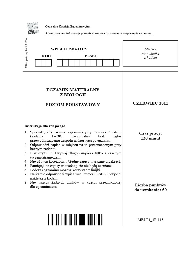 70 Arkusz Biologia Poziom p Rok2011 OKE VI | PDF