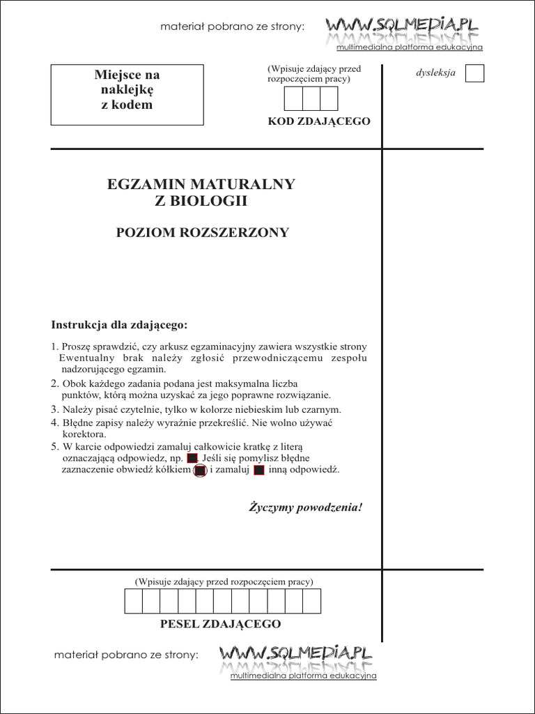 76 Arkusz Biologia Poziom r Rok 2011 SOL X | PDF