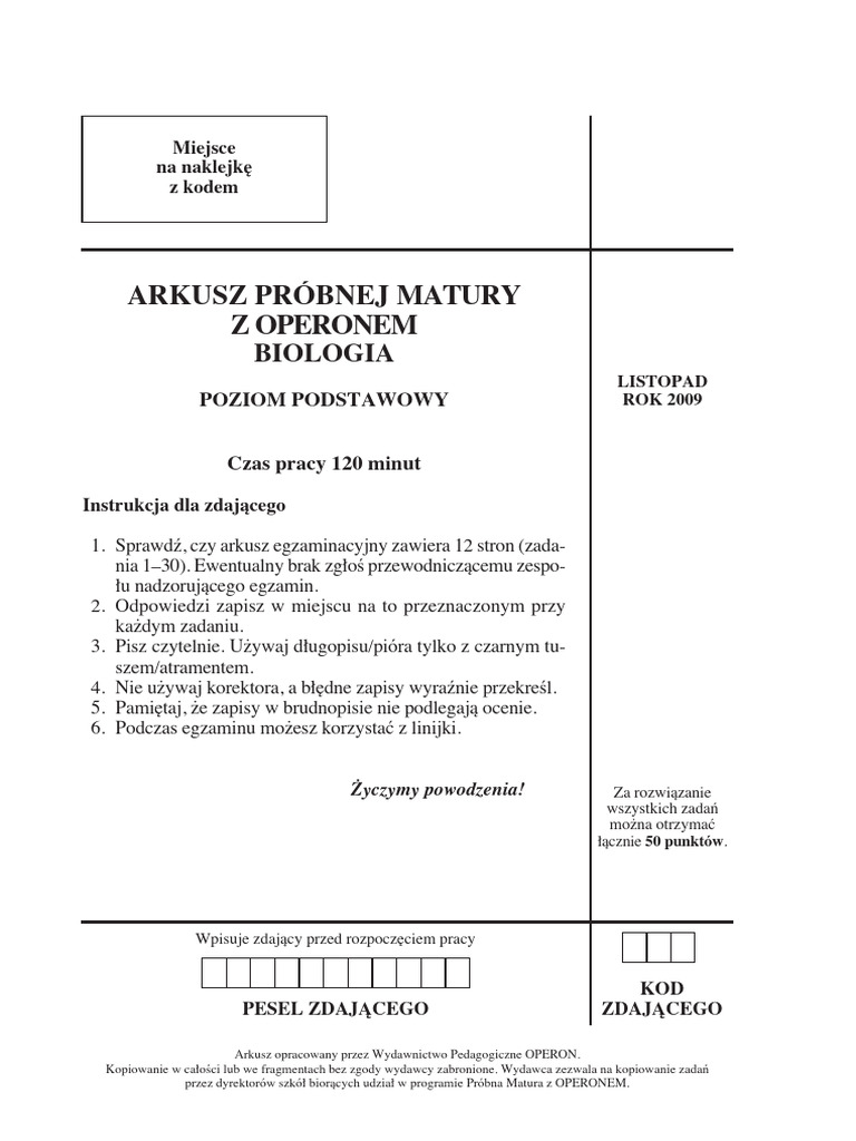 51 Arkusz Biologia Poziom P Rok 2009 OPER XI | PDF