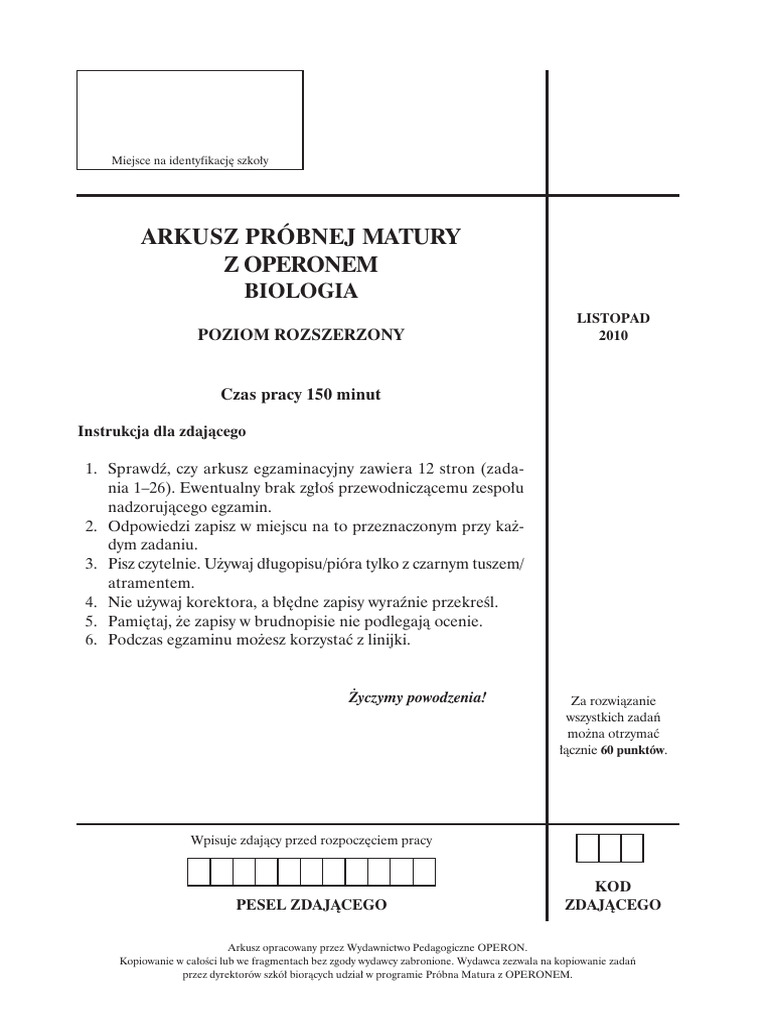 60 Arkusz Biologia Poziom R Rok 2010 OPER XI | PDF