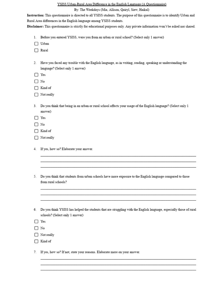 Urban-Rural English Language Differences Questionnaire | PDF ...