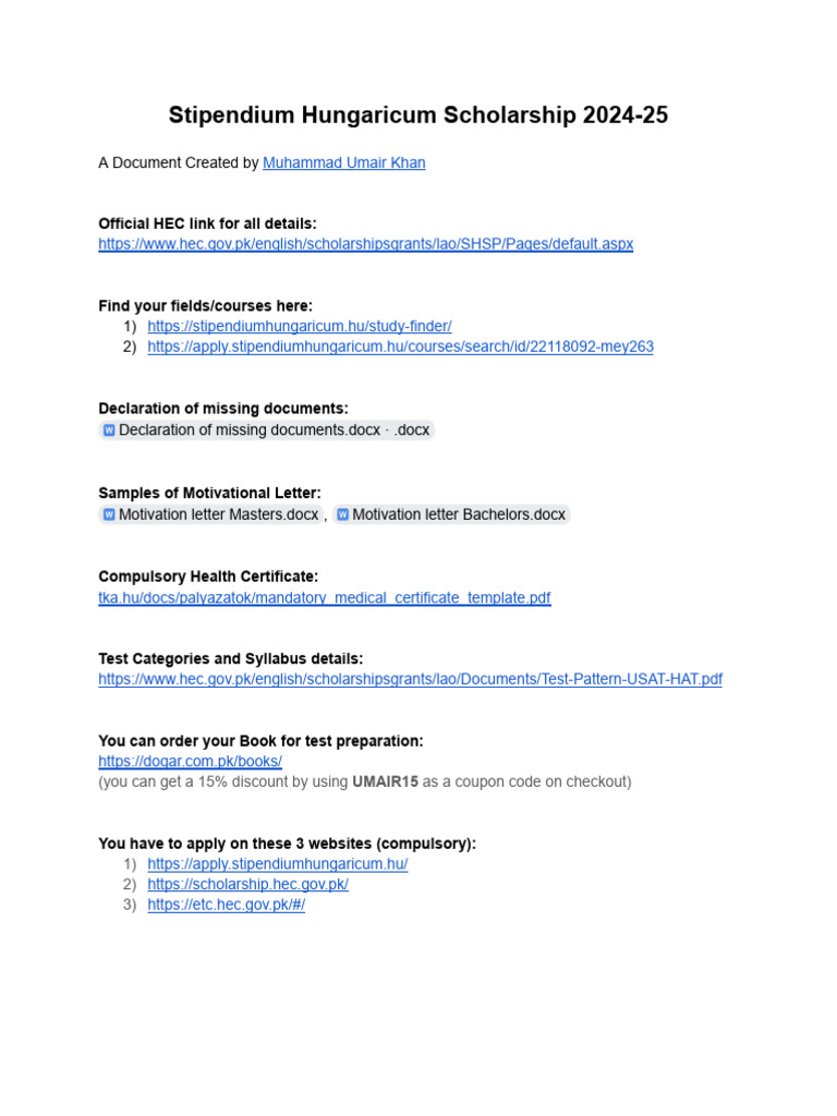 Stipendium Hungaricum Scholarship 2024-25 | PDF