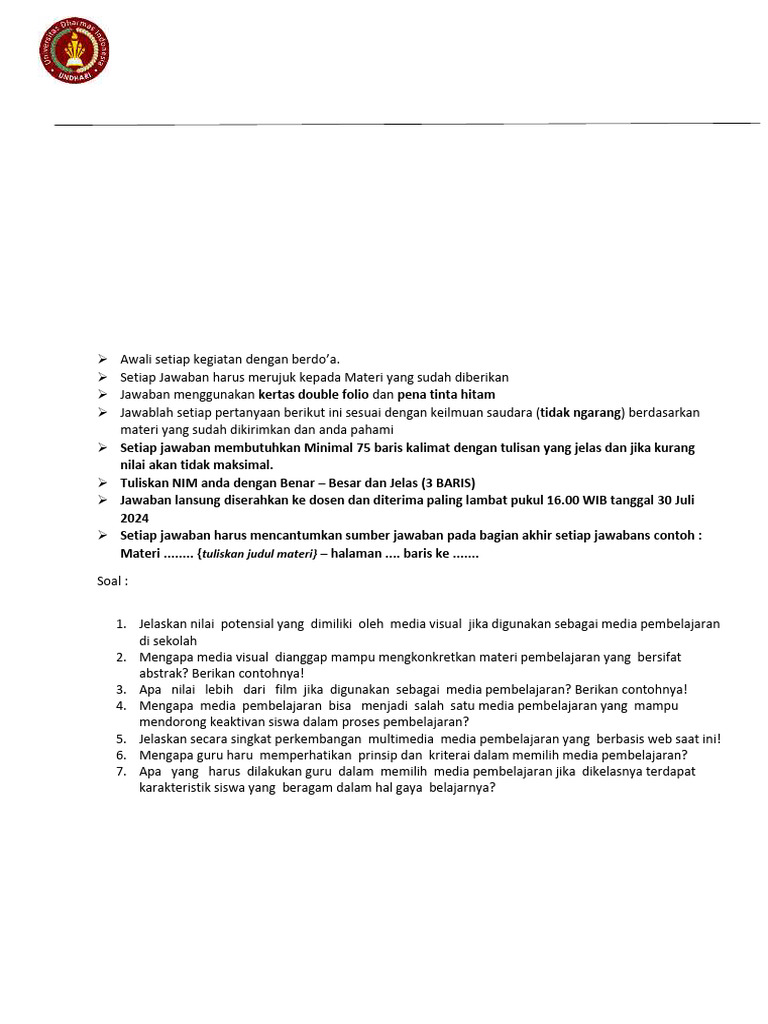 Soal UAS Media Pembelajaran PGSD Undhari | PDF