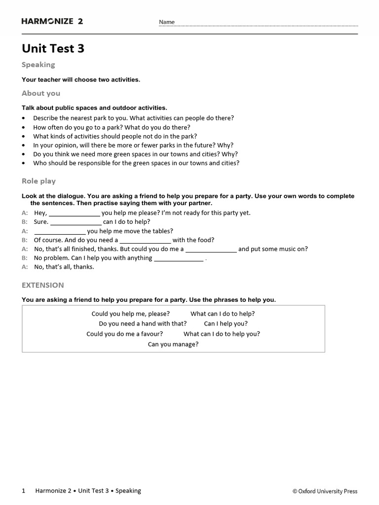 Harmonize - 2 - Unit 3 Test - Speaking | PDF
