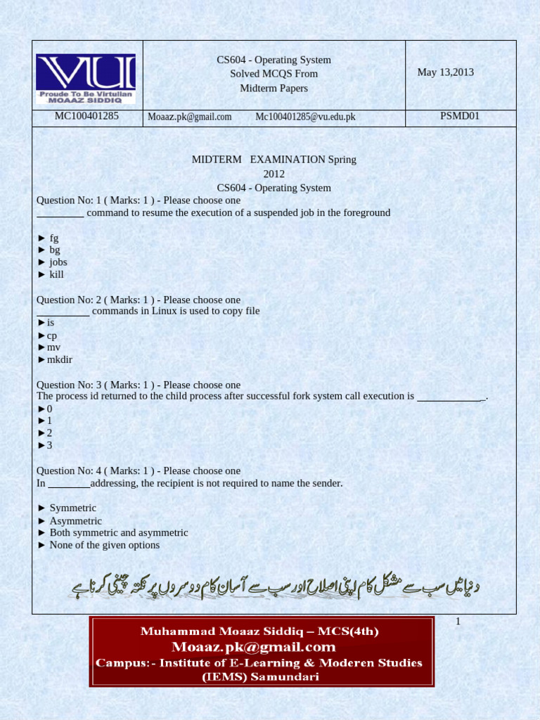 S604 - Midterm Solved Mcqs With References by Moaaz | PDF | Operating System | Scheduling ...