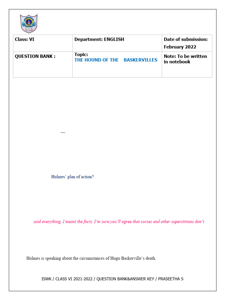 830614-The Hound of The Baskervilles - Question Bank | PDF | The Hound ...