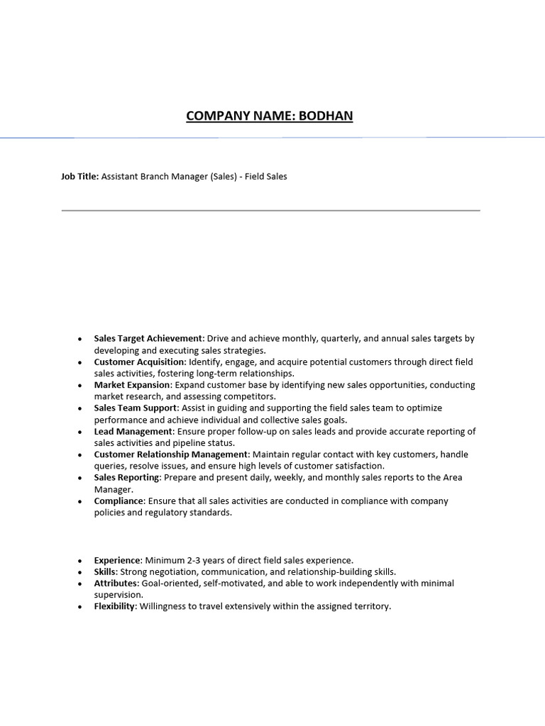 BODHAN Assistant Branch Manager (Sales) - Field Sales JD (1) (2) | PDF