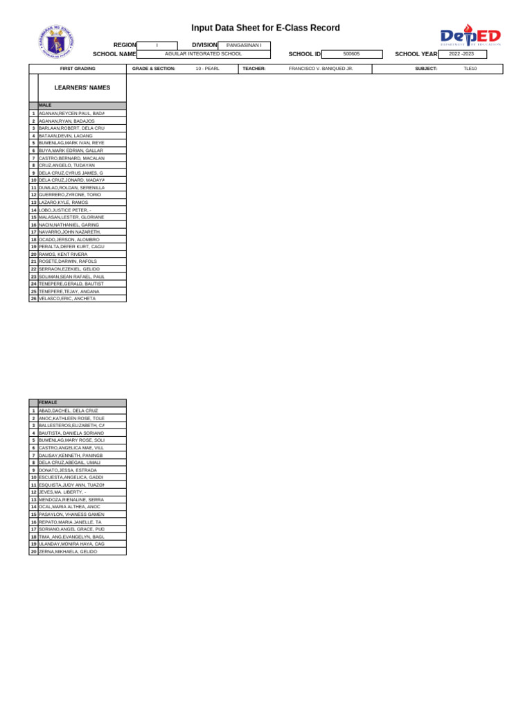 Grade 10 Class Record Sheet | PDF