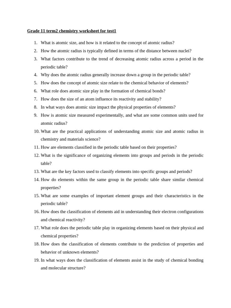 Grade 11 Chemistry Test 1 Worksheet | PDF | Chemistry | Periodic Table