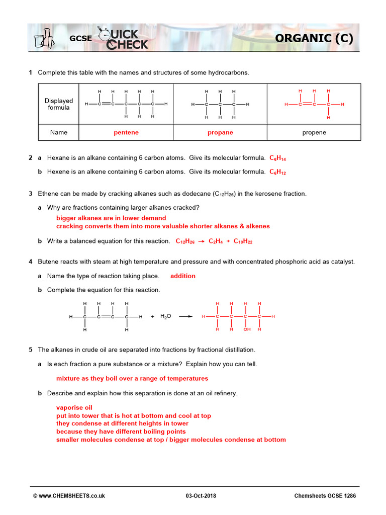 Chemsheets GCSE 1286 QC Organic C ANS | PDF | Alkane | Cracking (Chemistry)