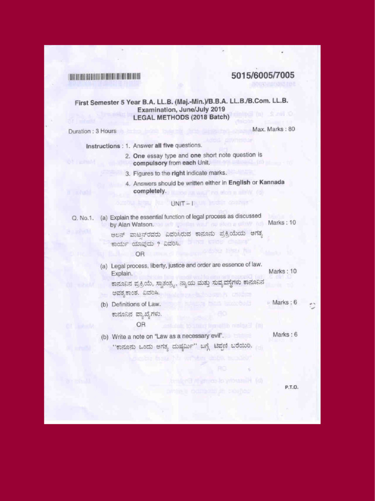 BA - LL.B 3 SEM Law & Legal Method Question Papers | PDF