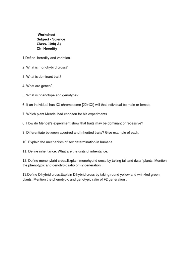10th CH - Heredity Worksheet | PDF