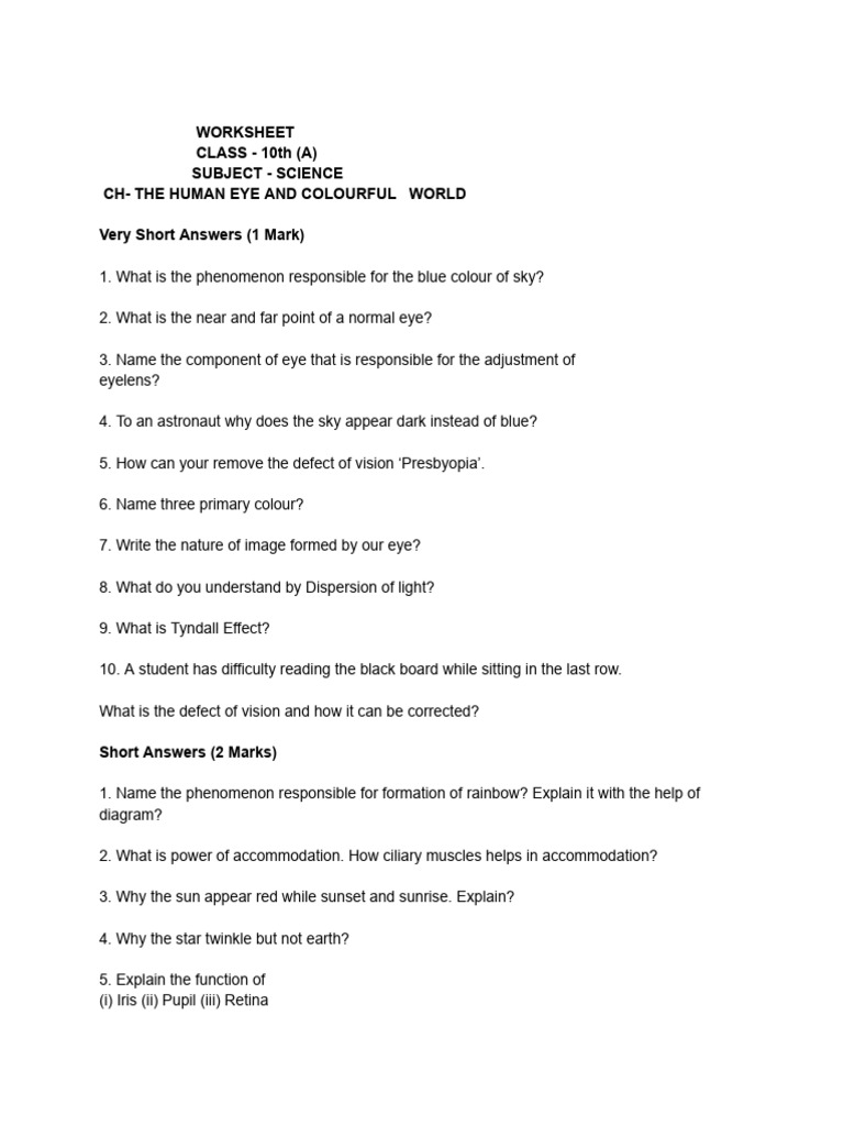 worksheet 10th ch- human eye & colourful world | PDF