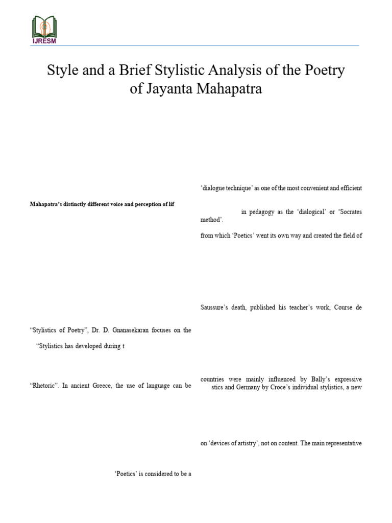 Style and A Brief Stylistic Analysis of The Poetry Og Mahapatra | PDF | Linguistics | Human ...