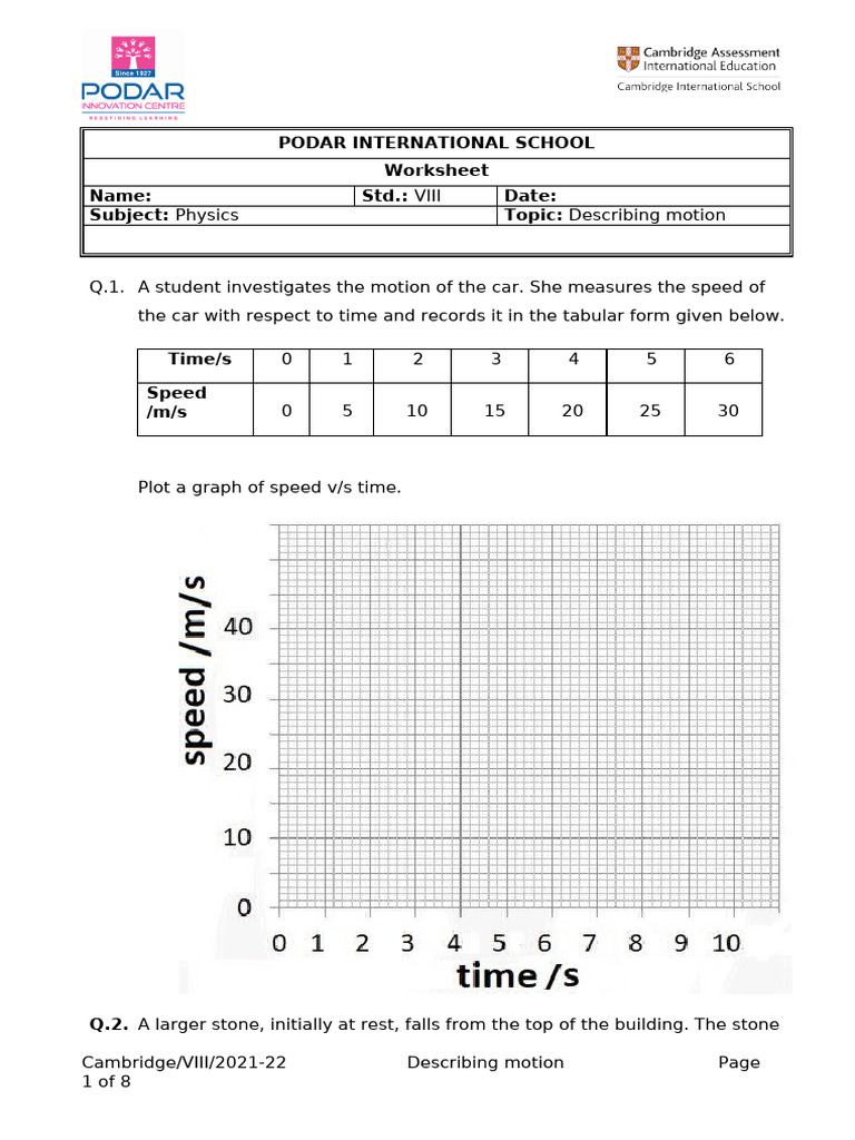 Worksheet - Cambridge - VIII - Phy - CH 2 Describing Motion | PDF | Speed | Acceleration