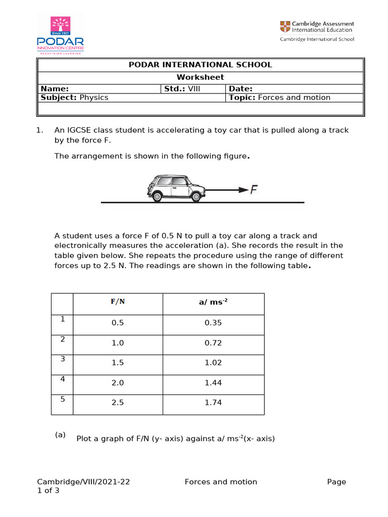 Worksheet - Cambridge - VIII - Phy - Unit 3 Force and Motion | PDF | Force | Mass