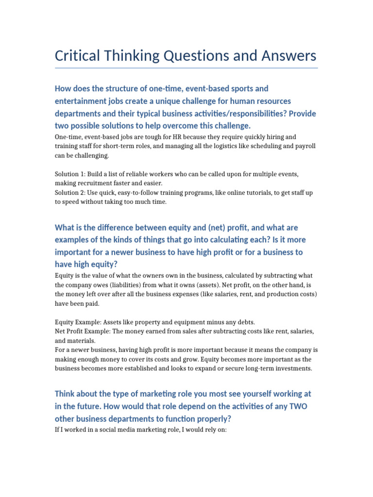 Critical Thinking Answers | PDF | Equity (Finance) | Financial Economics