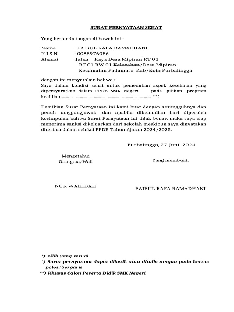 Surat Pernyataan Sehat | PDF