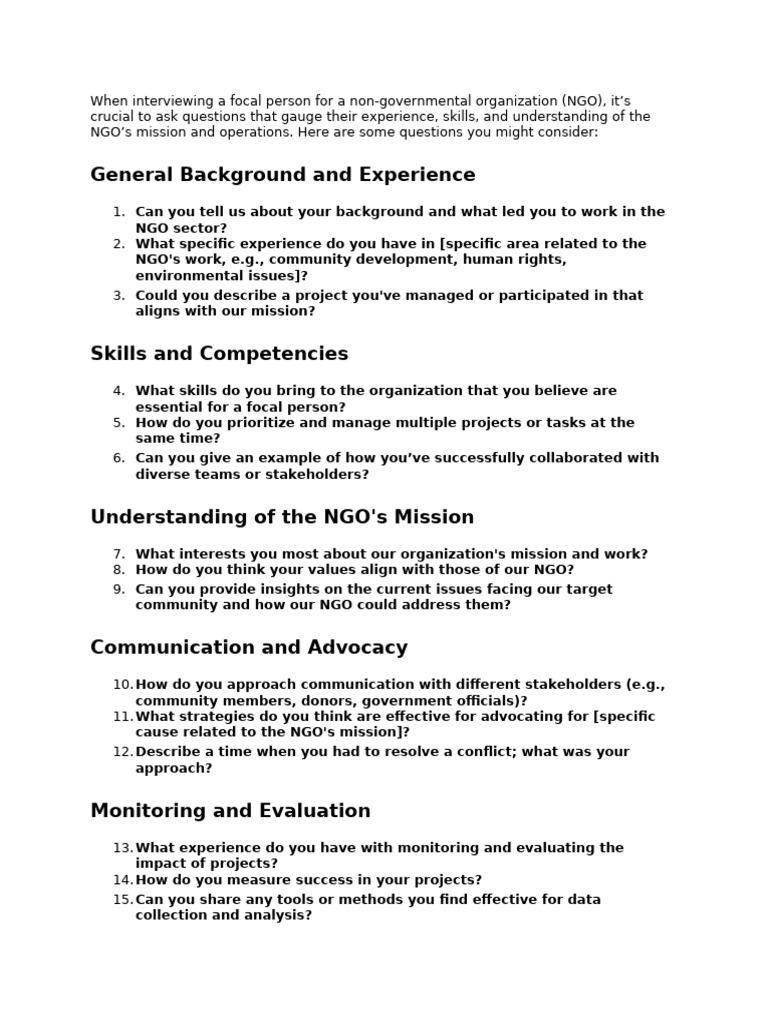 NGO Focal Person Interview Guide | PDF | Non Governmental Organization ...