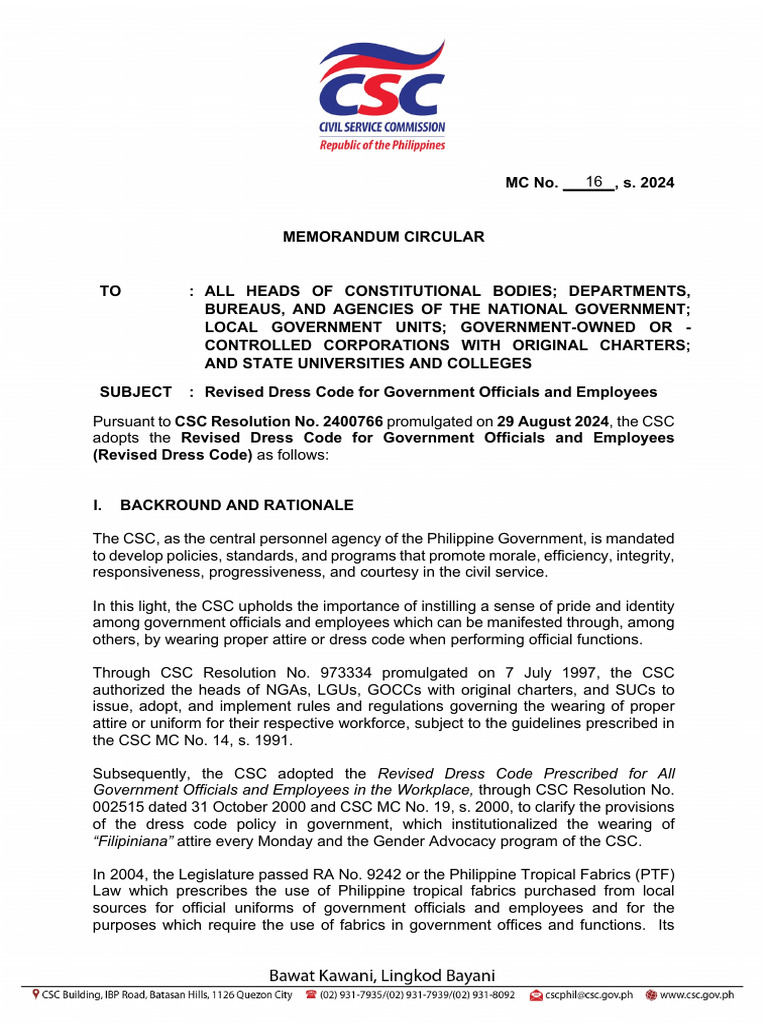 Revised Dress Code for Government Employees | PDF | Occupational Safety ...