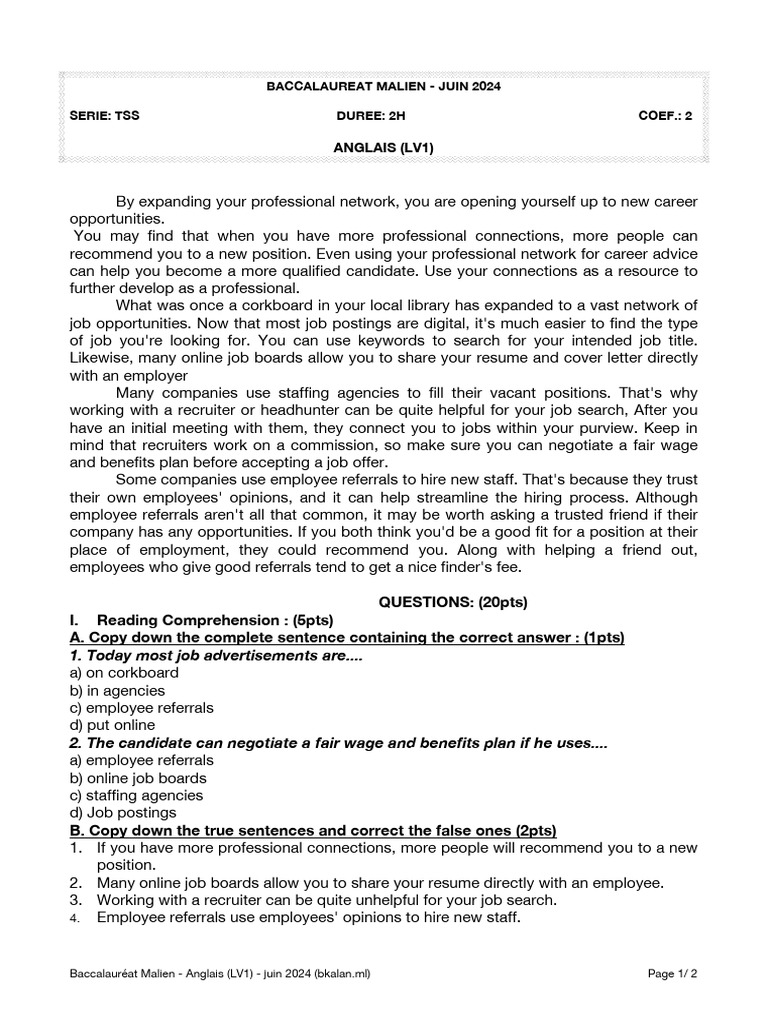 BK Bac Anglais Lv1 Anglais Tss 2024 | PDF | Recruitment | Employment