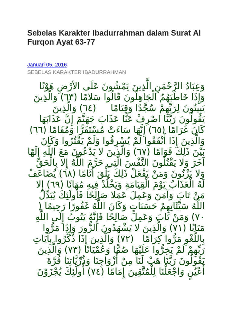 Sebelas Karakter Ibadurrahman Dalam Surat Al Furqon Ayat 63 | PDF