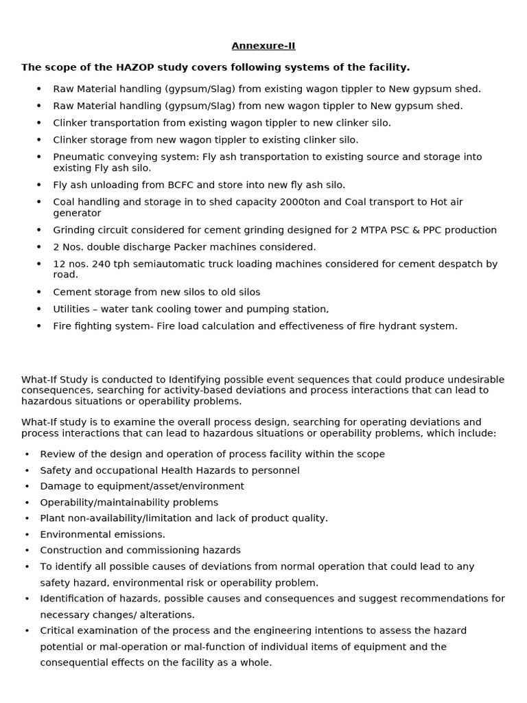 Scope of Work Annexure II Coverage Hazop Scope Farakka | PDF | Cement | Hazards