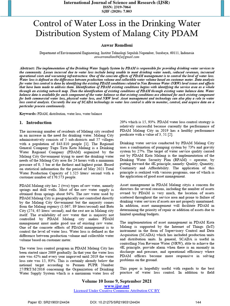 Control of Water Loss in The Drinking Wa | PDF | Water | Water Supply