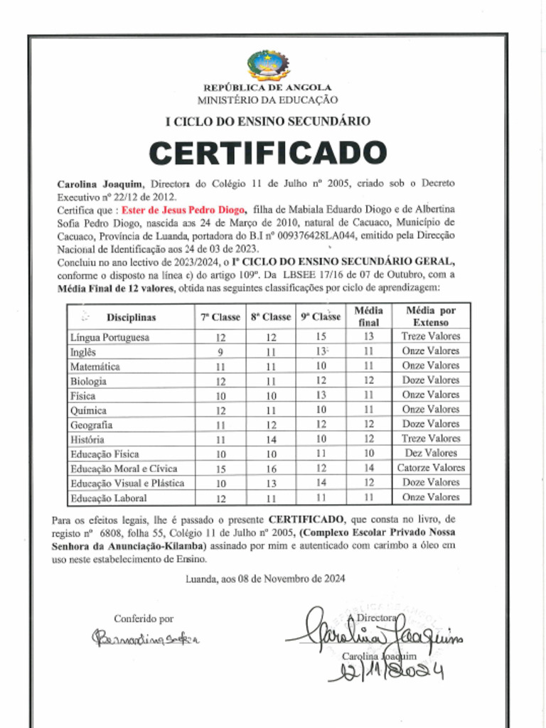 Certificado 7 - 9 Classe | PDF