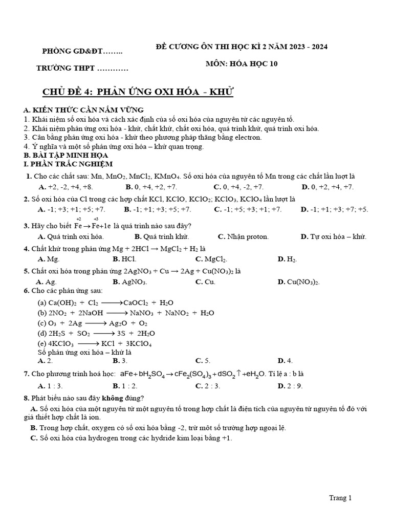 De Cuong On Tap Hk2 Hoa Hoc 10 Canh Dieu | PDF