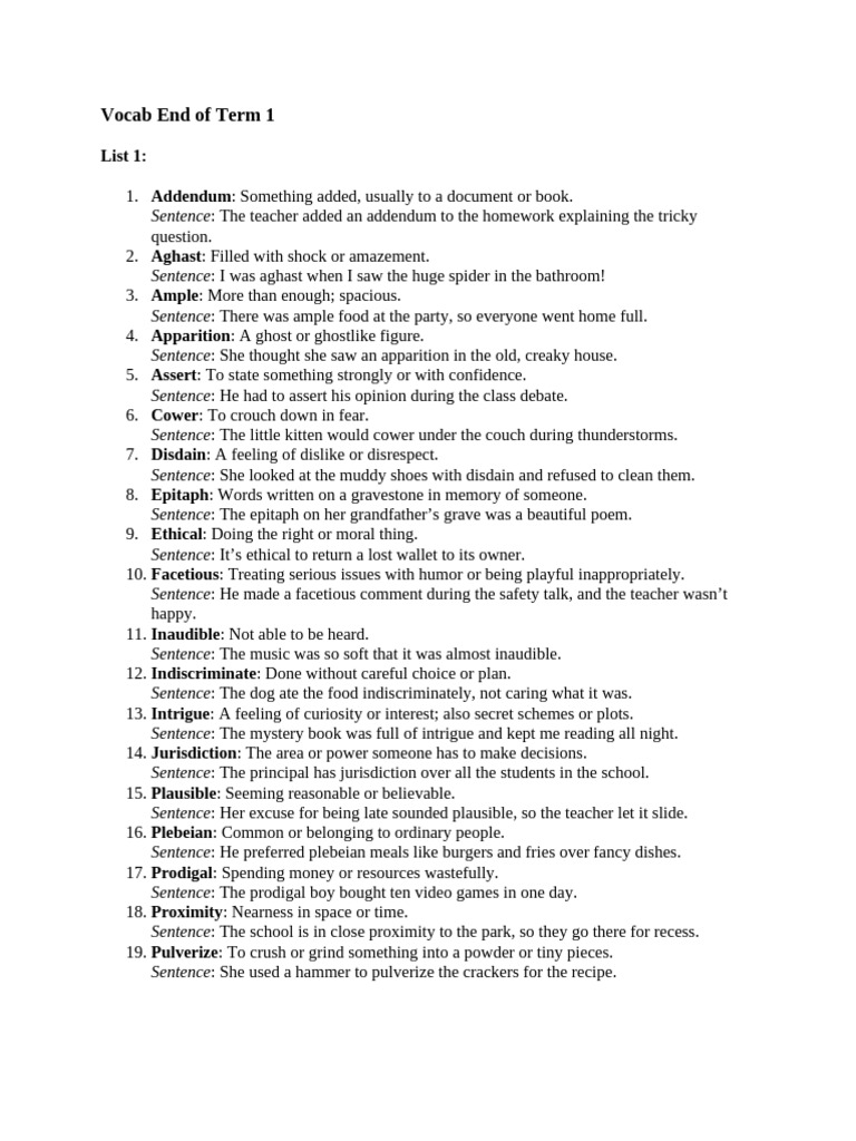 Vocab End of Term 1 - (Test Next Week) | PDF