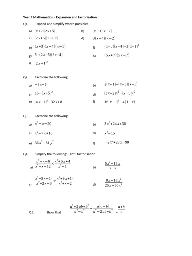 Expanding and Factorising Revision Assignment | PDF