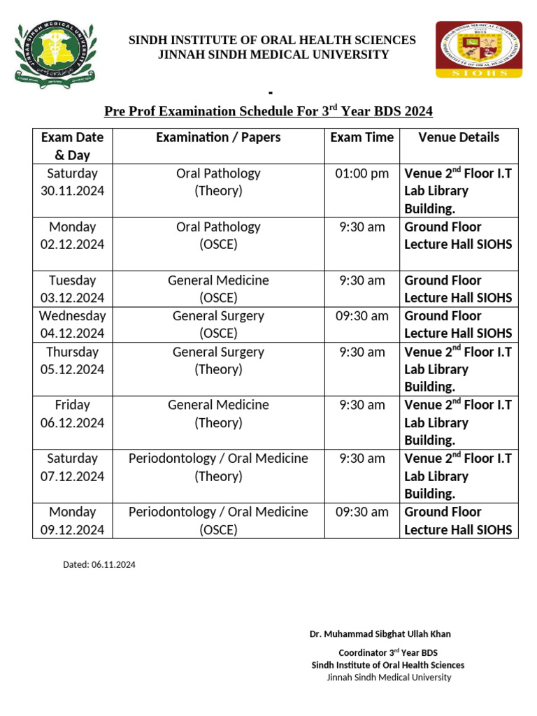 Pre Prof Schedule BDS 3rd Year 2024 | PDF