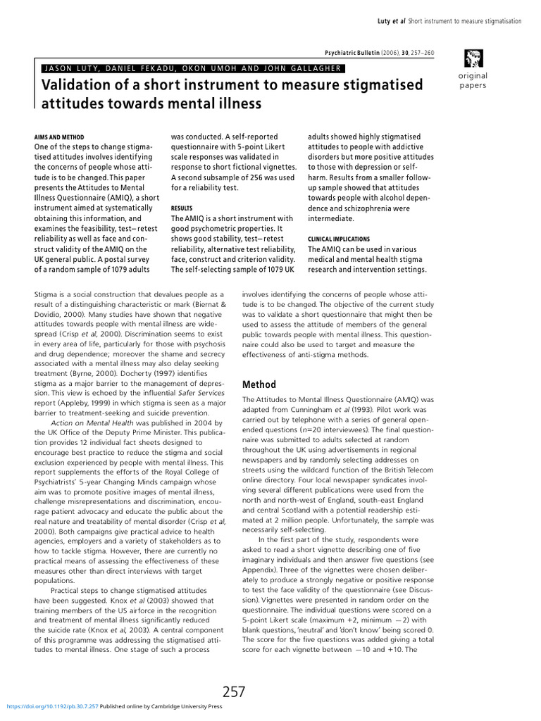 Validation of A Short Instrument To Measure Stigmatised Attitudes Towards Mental Illness | PDF ...