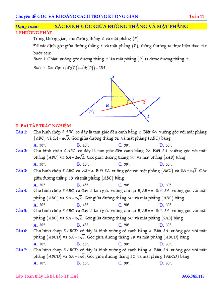 Dang Toan Xac Dinh Goc Giua Duong Thang Va Mat Phang Toan 11 | PDF