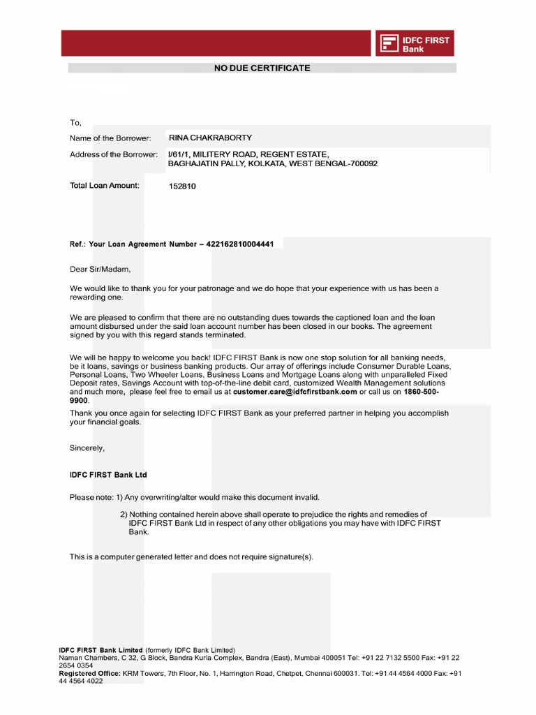 Idfc Noc | PDF