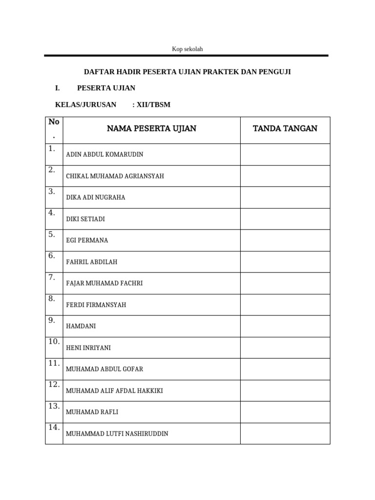 DAFTAR HADIR PESERTA UJIAN PRAKTEK DAN PENGUJI | PDF