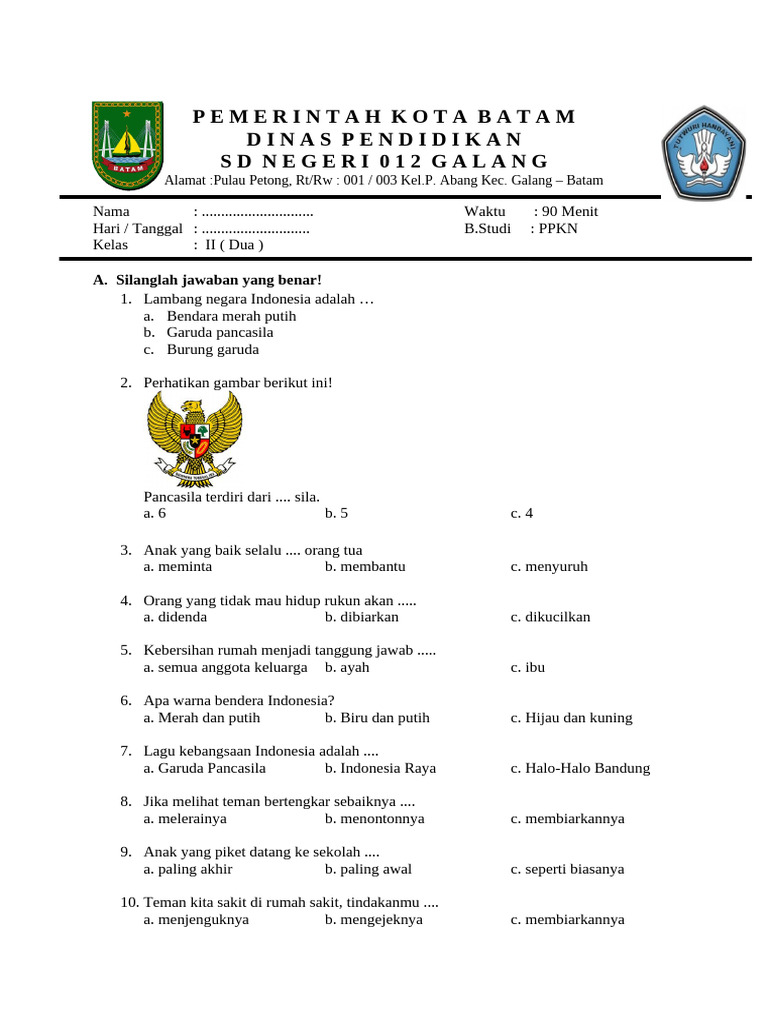 Soal PKN 2 S SD (Done) | PDF
