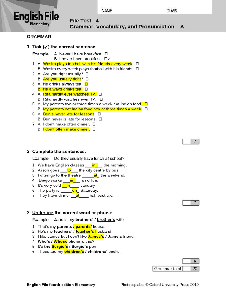 EF4e Elem Filetest 04a | PDF | Lunch | English Language