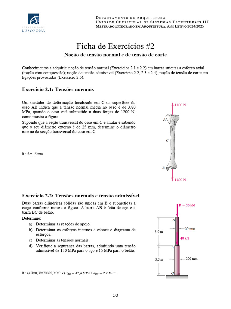 Ficha de ExerciÌ Cios #2 - TensaÌ o | PDF | Estresse (Mecânica) | Física Matemática