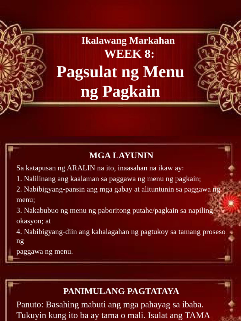 Pagsulat Ng Menu Ng Pagkain Pilinglarang Techvoc q2 Week 8 Final | PDF
