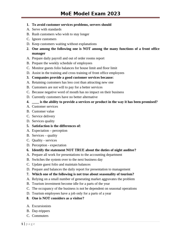 MOE Model Exit Exam 2015 | PDF | Hotel | Marketing