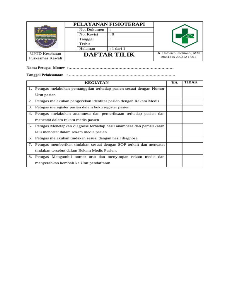 Daftar Tilik Sop Pelayanan Fisioterapi | PDF